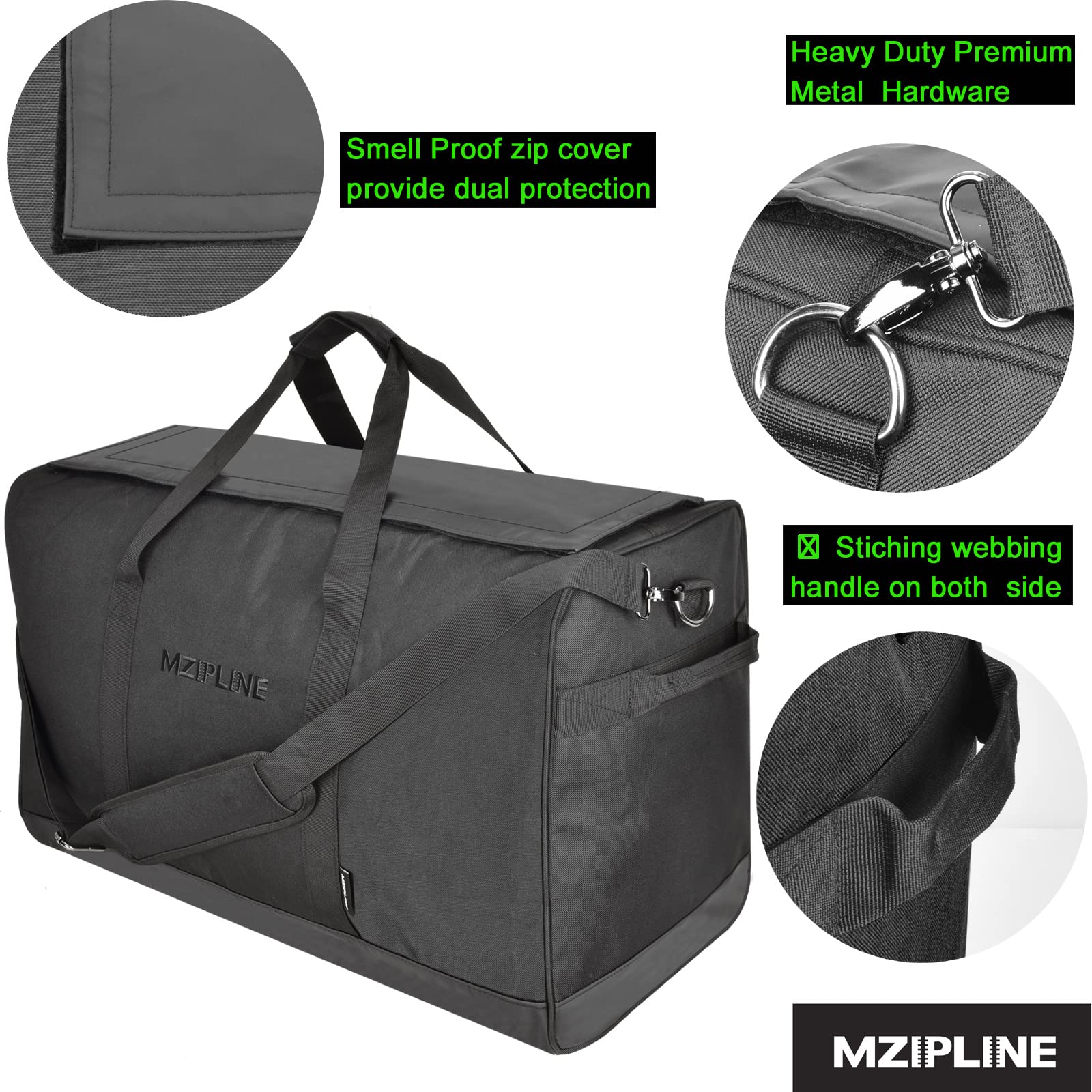 MZIPLINE XL Large Duffle Bag-Smell Proof-Bag Resistant Sport Gym Overnight Weekender Bag,Big Capacity Travel Duffel Holdall Bag With Carbon Lining (Black, Large)