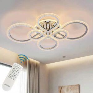 modern ceiling light fixture led chandelier remote control dimmable 3000k-6500k metal polished acrylic flush mount lamp suitable living room bedroom dining room kitchen (polished chrome, 6 rings)