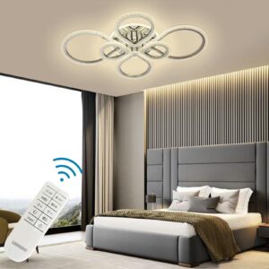 Modern Ceiling Light Fixture LED Chandelier Remote Control Dimmable 3000K-6500K Metal Polished Acrylic Flush Mount Lamp Suitable Living Room Bedroom Dining Room Kitchen (Polished Chrome, 6 Rings)