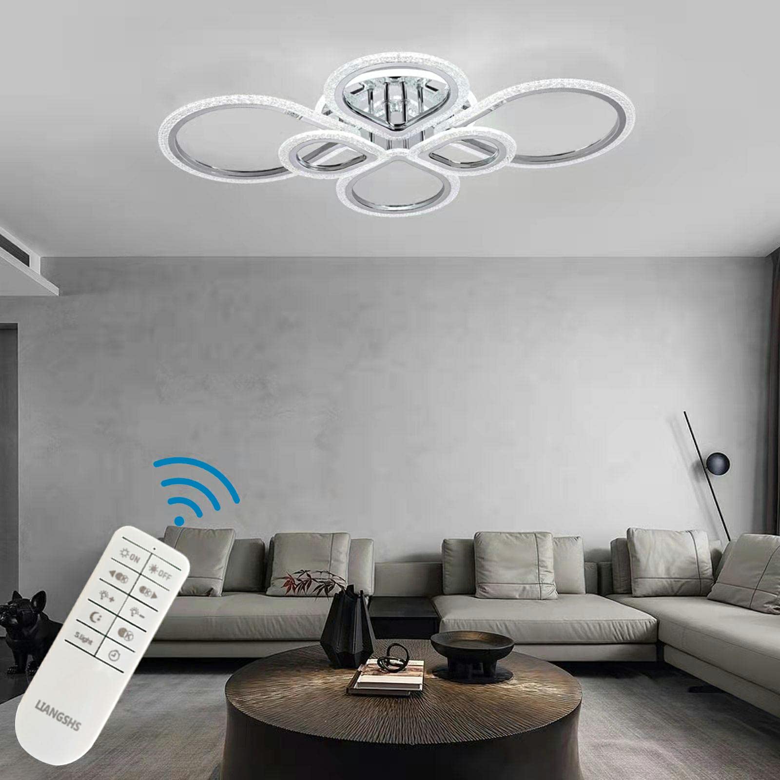 Modern Ceiling Light Fixture LED Chandelier Remote Control Dimmable 3000K-6500K Metal Polished Acrylic Flush Mount Lamp Suitable Living Room Bedroom Dining Room Kitchen (Polished Chrome, 6 Rings)