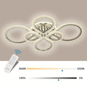 Modern Ceiling Light Fixture LED Chandelier Remote Control Dimmable 3000K-6500K Metal Polished Acrylic Flush Mount Lamp Suitable Living Room Bedroom Dining Room Kitchen (Polished Chrome, 6 Rings)