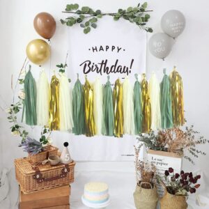 15 Pc DIY Sage Green Blush Nude Gold Tissue Paper Tassel Garland Party Banner for Neutral Baby Baptism Eucalyptus Greenery Woodland Baby Shower Rustic Wedding Party Decoration