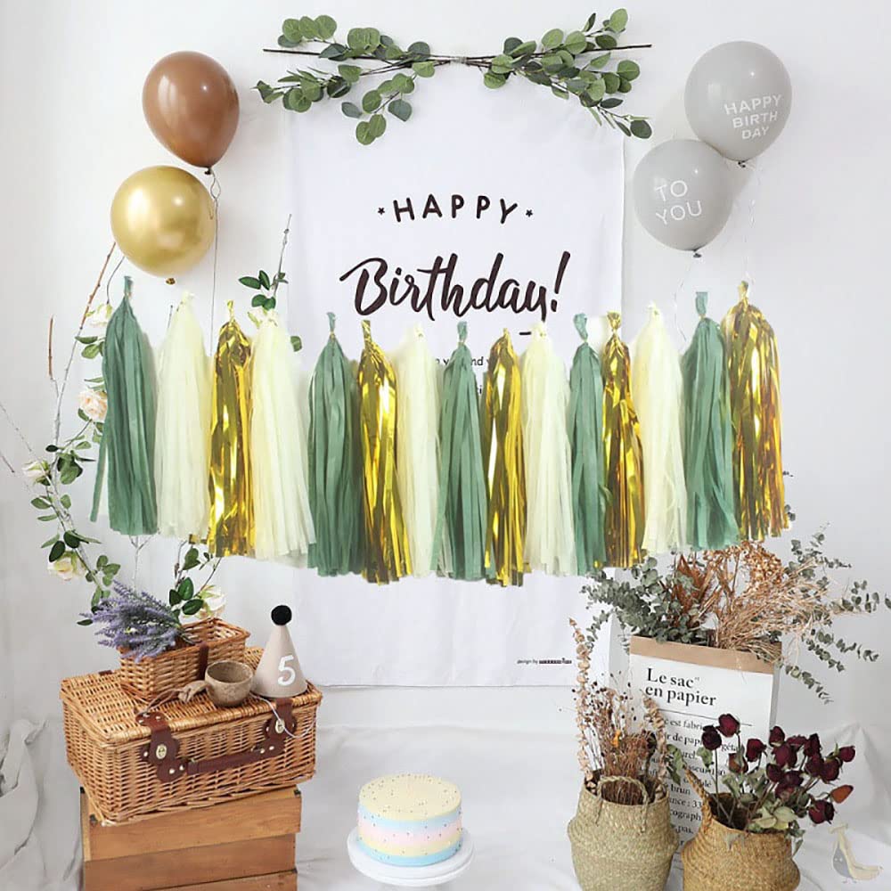 15 Pc DIY Sage Green Blush Nude Gold Tissue Paper Tassel Garland Party Banner for Neutral Baby Baptism Eucalyptus Greenery Woodland Baby Shower Rustic Wedding Party Decoration