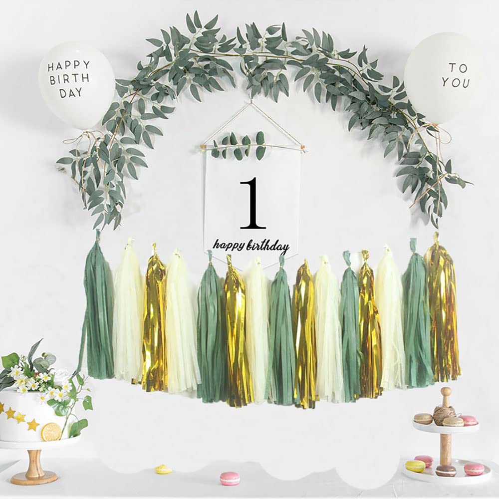 15 Pc DIY Sage Green Blush Nude Gold Tissue Paper Tassel Garland Party Banner for Neutral Baby Baptism Eucalyptus Greenery Woodland Baby Shower Rustic Wedding Party Decoration