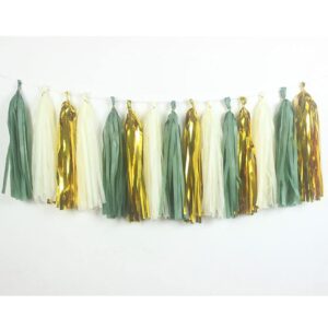 15 Pc DIY Sage Green Blush Nude Gold Tissue Paper Tassel Garland Party Banner for Neutral Baby Baptism Eucalyptus Greenery Woodland Baby Shower Rustic Wedding Party Decoration