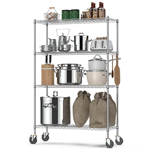 Leteuke Wire Shelving Unit with Wheels, NSF Certified 4 Tier Adjustable Storage Shelves 48"×18"×72", 2400LBS Heavy Duty Shelving Commercial Grade Metal Storage Utility Rack for Kitchen Garage, Chrome