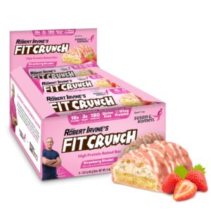 fitcrunch snack size protein bars, designed by robert irvine, 6-layer baked bar, 3g of sugar, gluten free & soft cake core (9 bars, strawberry strudel)