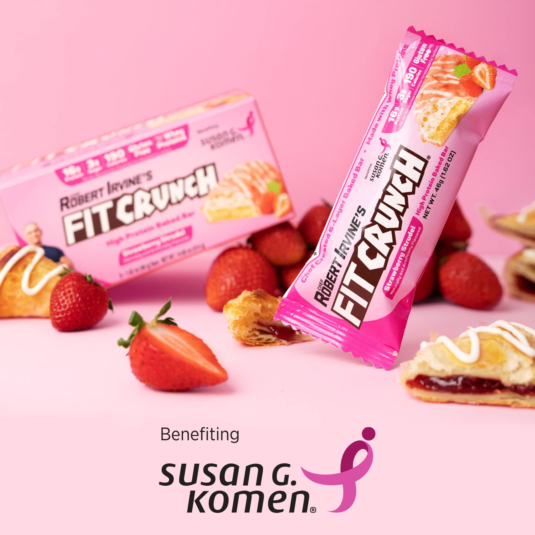 FITCRUNCH Snack Size Protein Bars, Designed by Robert Irvine, 6-Layer Baked Bar, 3g of Sugar, Gluten Free & Soft Cake Core (9 Bars, Strawberry Strudel)