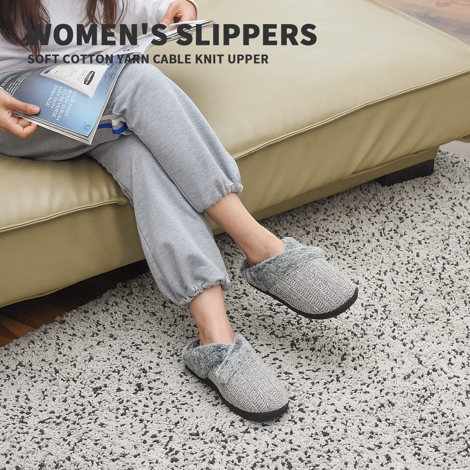 Homitem Fuzzy Slippers for Women Indoor and Outdoor Fluffy Bedroom House Shoes with Arch Support Memory Foam Winter Warm Ladeis Cute Comfy Cozy Grey Size 9-10