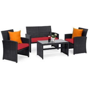 tangkula patio wicker conversation furniture set, patiojoy sofa & table set w/4 seats, outdoor rattan sofa set for balcony backyard, wicker chair set with tempered glass coffee table (1, red)