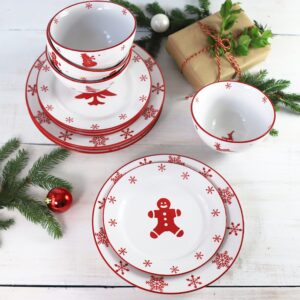 euro ceramica winterfest collection 12 piece dinnerware set | festive ceramic stoneware dinnerware set | service for 4 | hand-stamped holiday design, red & white christmas patterns,wft-12000-ds