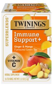 twinings superblends immune support+ herbal tea with vitamin c, ginger & mango flavoured green tea, 16 tea bags (pack of 6), enjoy hot or iced