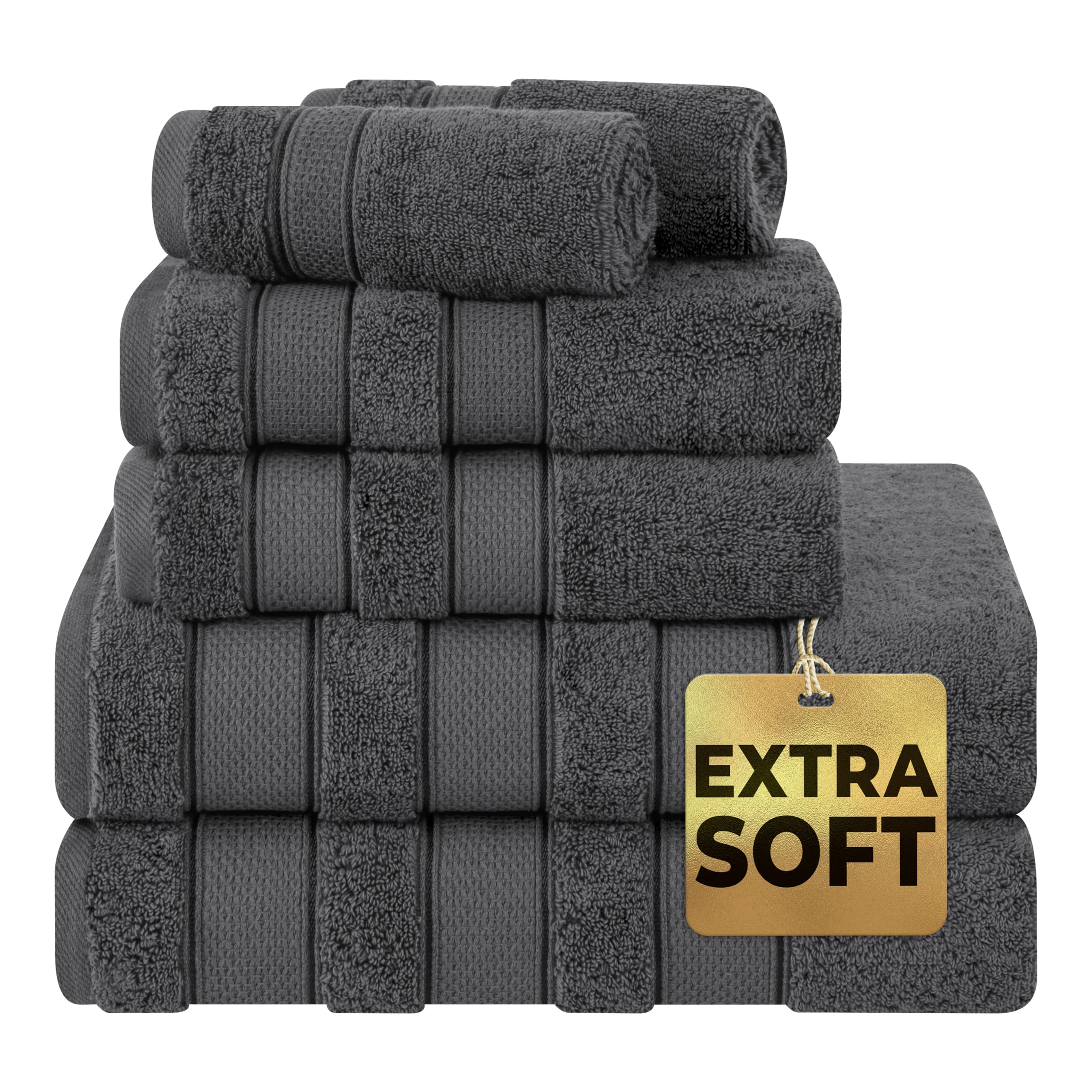 American Soft Linen Salem Bath Towel Set, 6 Piece Towels for Bathroom, 100% Turkish Combed Zero Twist Cotton, 2 Bath Towels 2 Hand Towels 2 Washcloths, Dark Gray