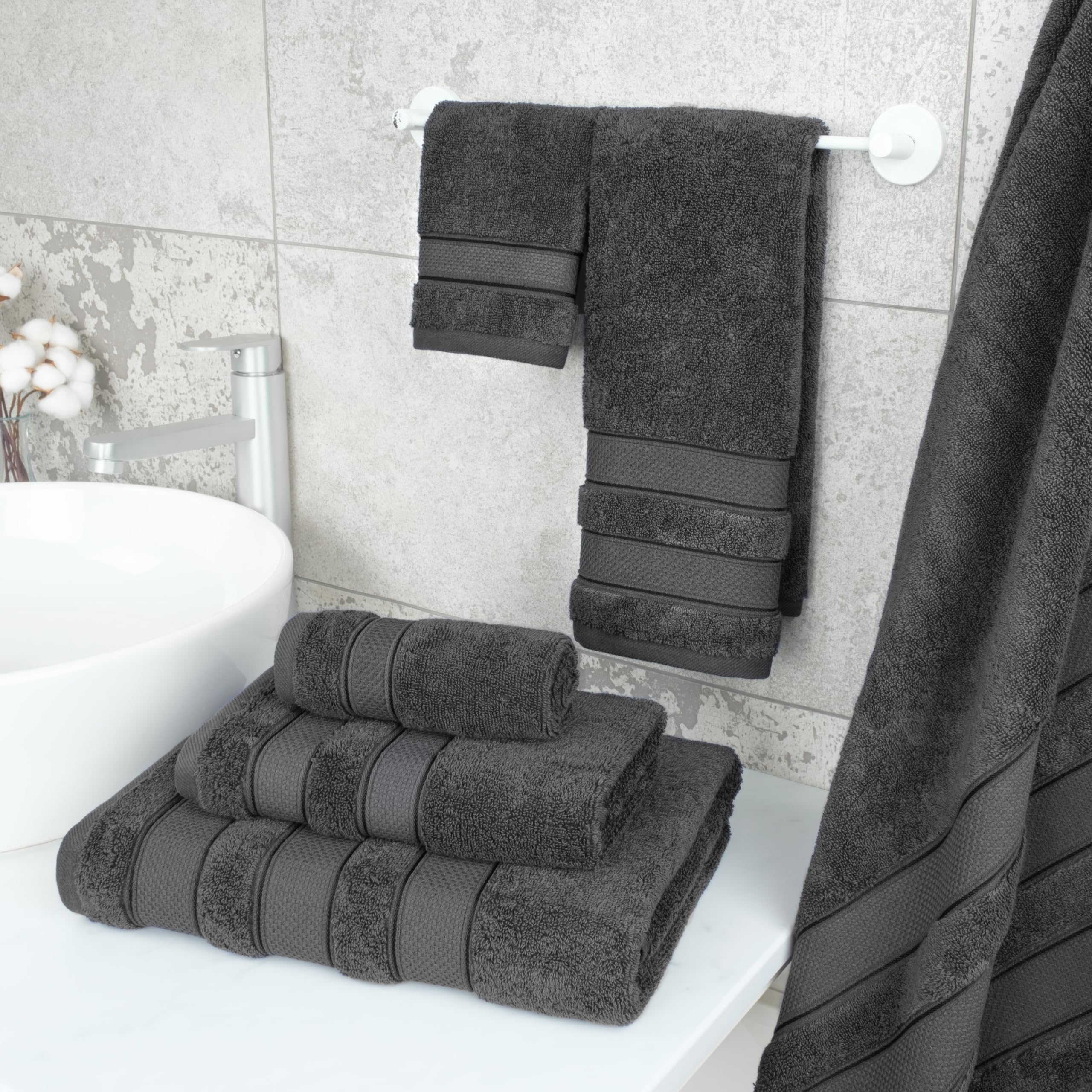 American Soft Linen Salem Bath Towel Set, 6 Piece Towels for Bathroom, 100% Turkish Combed Zero Twist Cotton, 2 Bath Towels 2 Hand Towels 2 Washcloths, Dark Gray