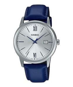 casio mtp-v002l-2b3 men's standard dress analog blue leather band silver dial date watchh