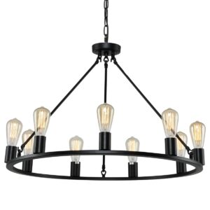 senyshilon wagon wheel chandelier 9-light farmhouse chandelier, dia 32'' industrial pendant light fixture, black matte modern chandeliers for dining room kitchen island bedroom living room foyer