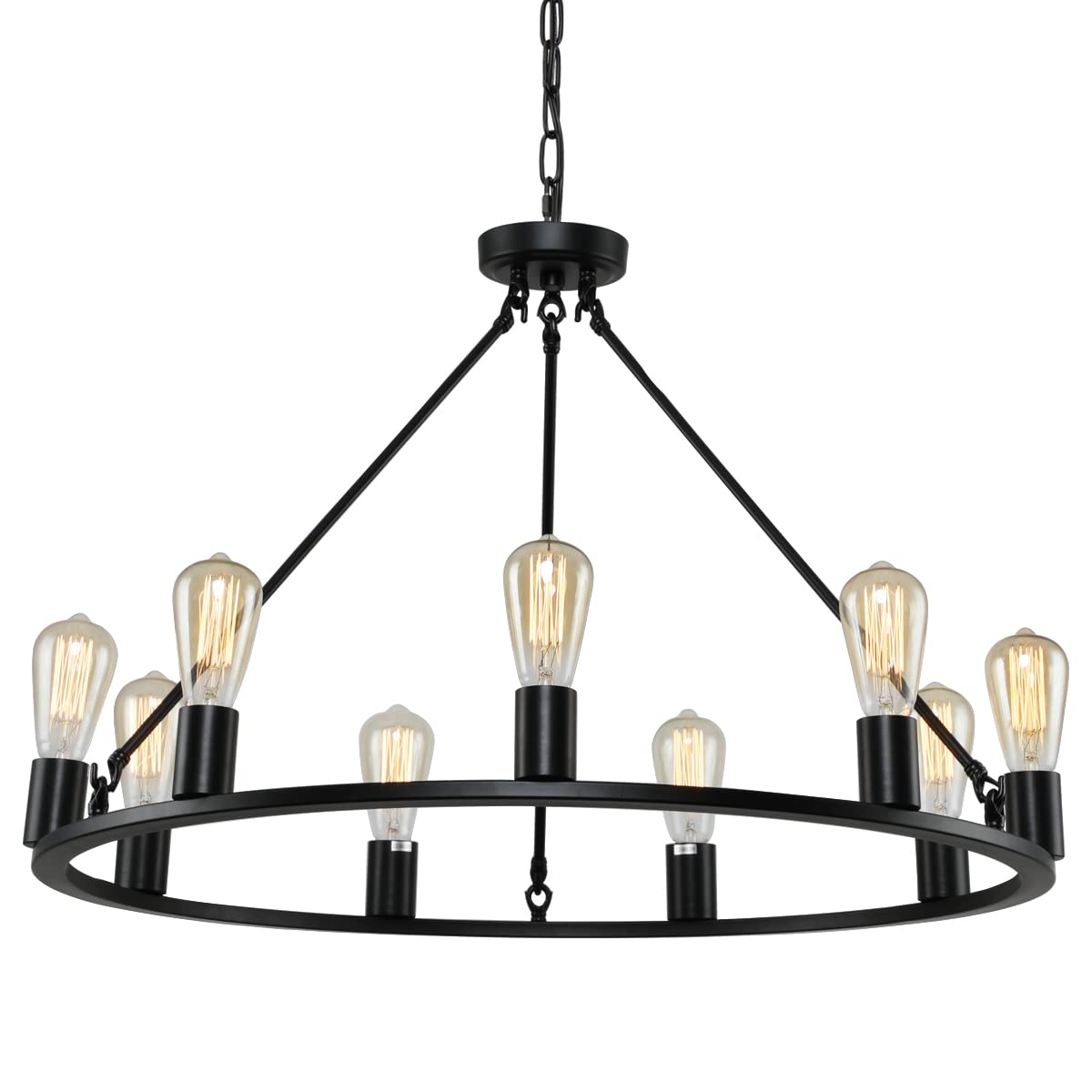 Senyshilon Wagon Wheel Chandelier 9-Light Farmhouse Chandelier, Dia 32'' Industrial Pendant Light Fixture, Black Matte Modern Chandeliers for Dining Room Kitchen Island Bedroom Living Room Foyer