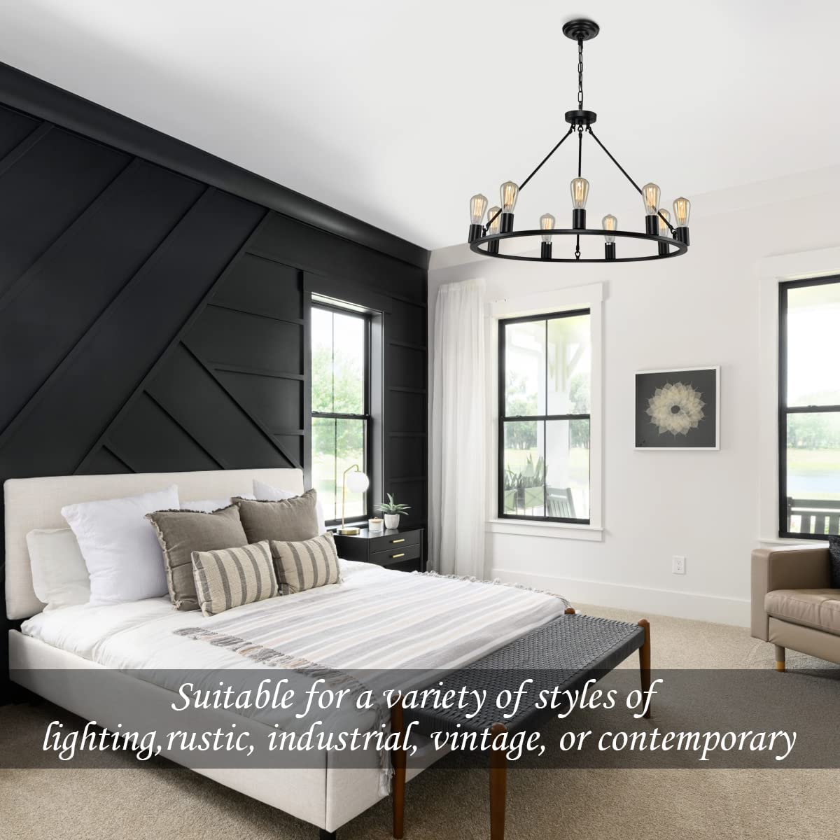 Senyshilon Wagon Wheel Chandelier 9-Light Farmhouse Chandelier, Dia 32'' Industrial Pendant Light Fixture, Black Matte Modern Chandeliers for Dining Room Kitchen Island Bedroom Living Room Foyer