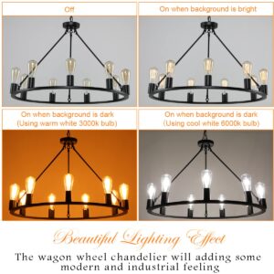 Senyshilon Wagon Wheel Chandelier 9-Light Farmhouse Chandelier, Dia 32'' Industrial Pendant Light Fixture, Black Matte Modern Chandeliers for Dining Room Kitchen Island Bedroom Living Room Foyer