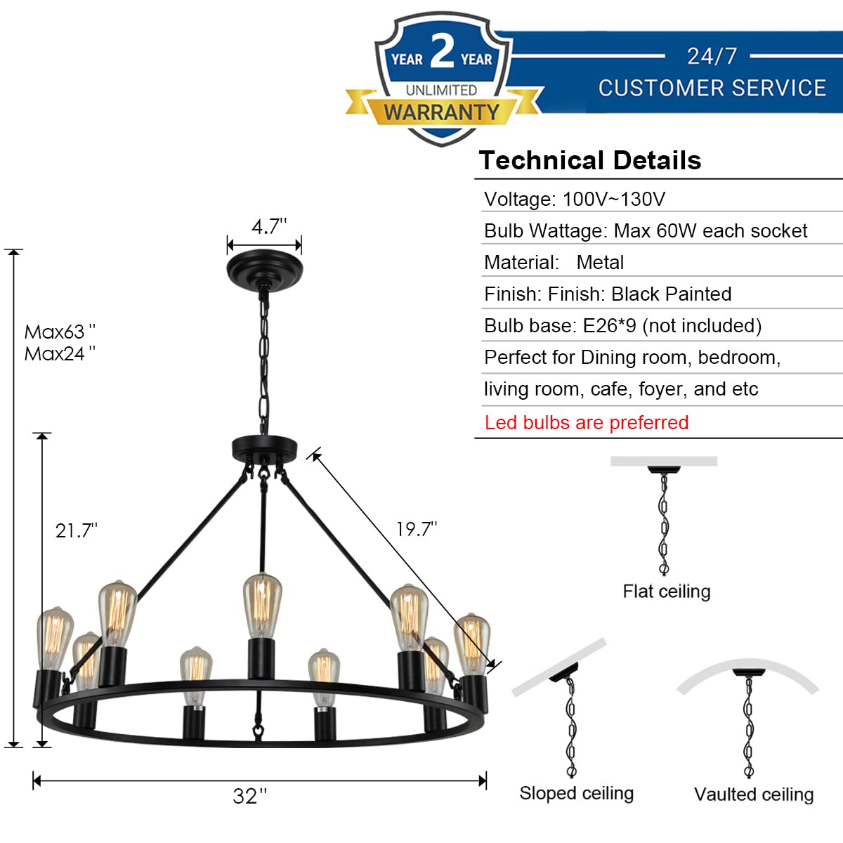 Senyshilon Wagon Wheel Chandelier 9-Light Farmhouse Chandelier, Dia 32'' Industrial Pendant Light Fixture, Black Matte Modern Chandeliers for Dining Room Kitchen Island Bedroom Living Room Foyer