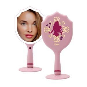 impressions vanity disney princess aurora handheld led makeup mirror, lighted hand mirror with standing base, shimmering button, and 3 color modes for travel or bedroom