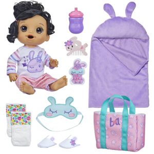 baby alive bunny sleepover baby doll, bedtime-themed 12-inch dolls, sleeping bag & bunny-themed doll accessories, toys for 3 year old girls and boys and up, brown hair (amazon exclusive)