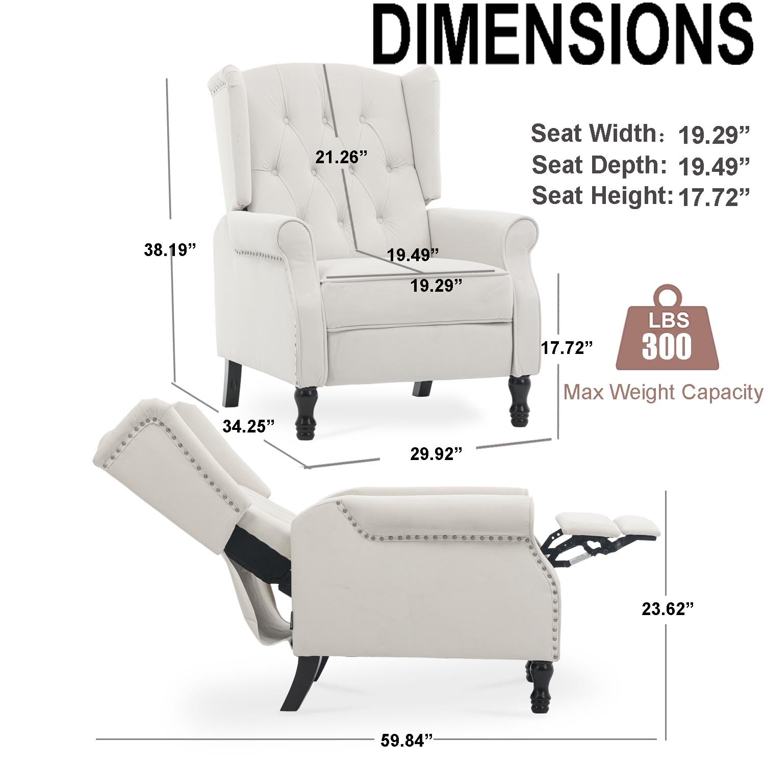 Velvet Accent Chair, Push Back Recliner Chair, Wingback Arm Chair for Living Room/Bedroom/Home Theater/Reception Area, Light Beige