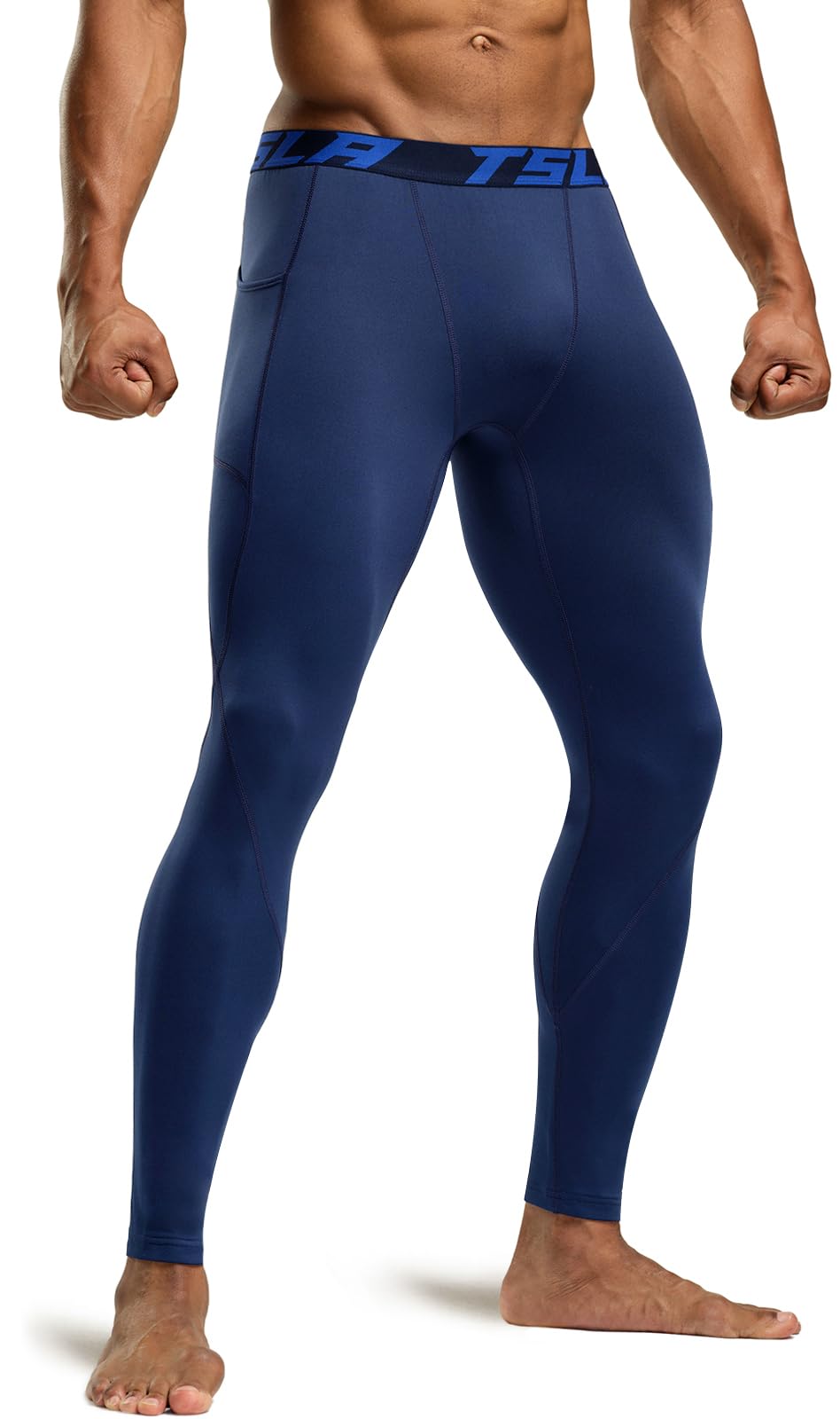 TSLA Men's Thermal Compression Pants, Athletic Sports Leggings & Running Tights, Wintergear Base Layer Bottoms, Pocket Midnight Navy, Medium