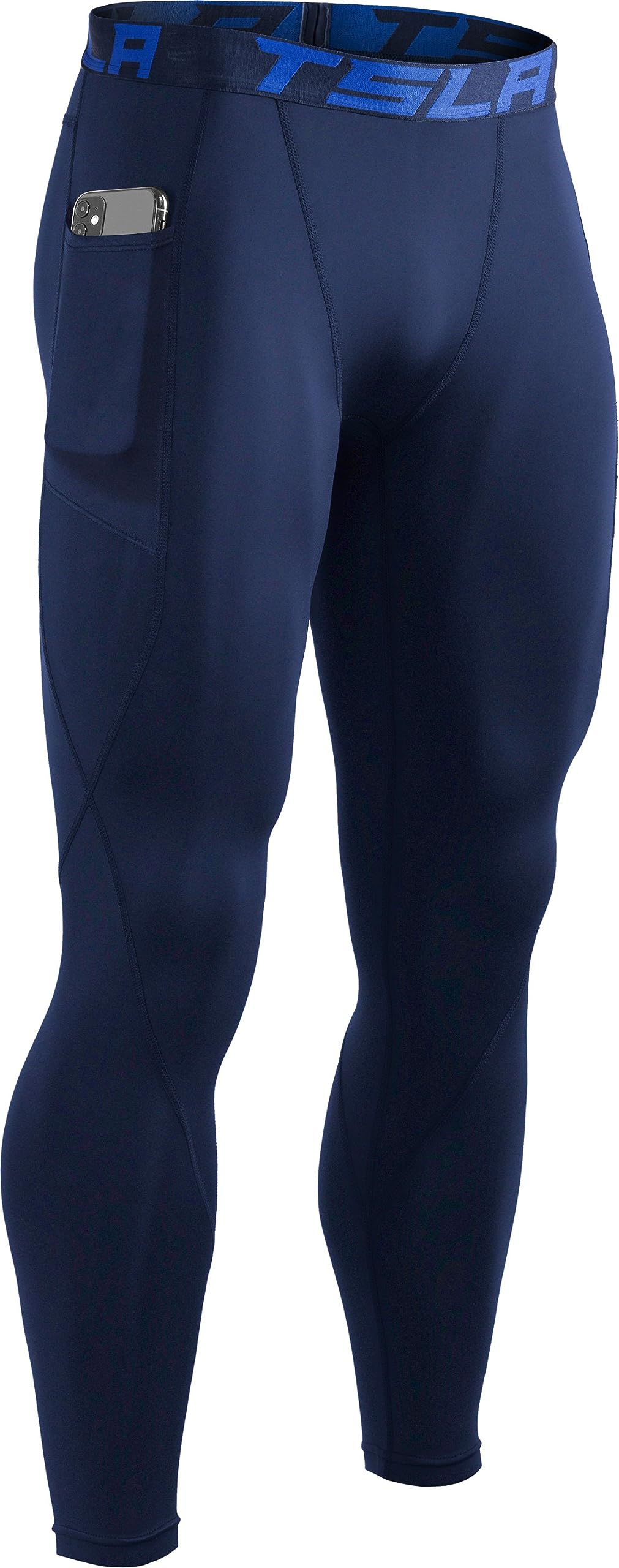 TSLA Men's Thermal Compression Pants, Athletic Sports Leggings & Running Tights, Wintergear Base Layer Bottoms, Pocket Midnight Navy, Medium