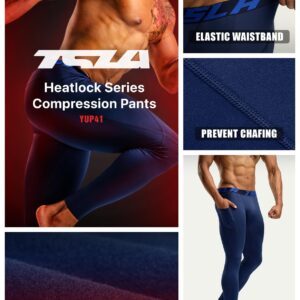 TSLA Men's Thermal Compression Pants, Athletic Sports Leggings & Running Tights, Wintergear Base Layer Bottoms, Pocket Midnight Navy, Medium