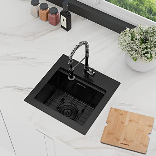 MONSINTA Bar Sink, Top Mount Bar Sink, 15" x 15" Drop-in Bar Prep Sink, RV Sink, Laundry Room Sink, 16 Gauge Stainless Steel Bar Sink, Wet Bar Sink and Accessories, Black Color