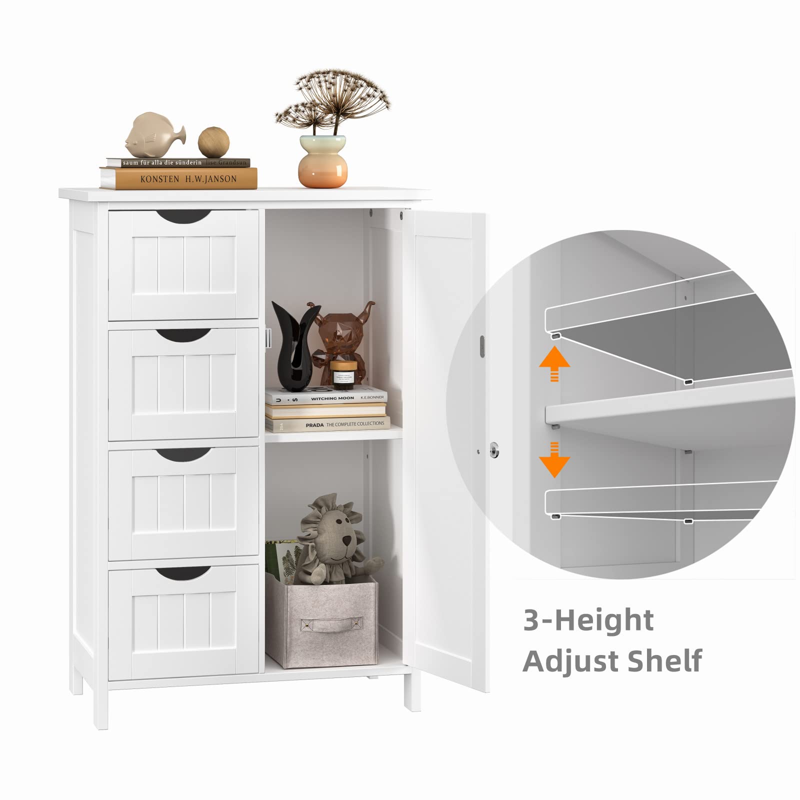 Irontar Bathroom Floor Cabinet, Storage Cabinet with 4 Drawers and Adjustable Shelf for Entryway Storage, Home Office Furniture, White CWG005W