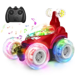 kizeefun rc stunt car, invincible 360°rolling twister with colorful lights & music, rechargeable remote control car for kids (red), unisex