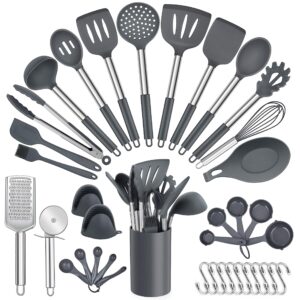 homikit 38 pieces kitchen cooking utensils set with holder, gray silicone utensil with stainless steel handle, nonstick kitchen tools with spatula ladle pizza cutter grater spoon rest, heat resistant