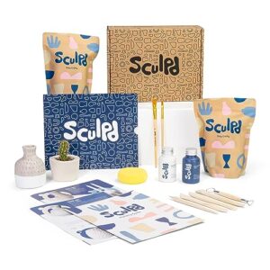 sculpd pottery kit, air-dry clay starter kit for beginners with gloss varnish, pottery kit includes: paint, tool set, paintbrushes, sponge and step-by-step guide, air drying clay kit for adults