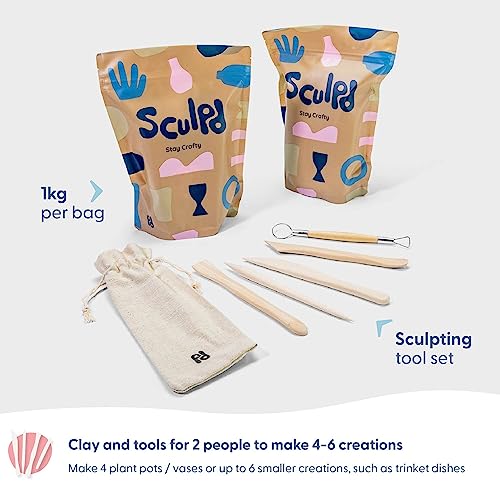 Sculpd Pottery Kit, Air-Dry Clay Starter Kit for Beginners with Gloss Varnish, Pottery Kit includes: Paint, Tool Set, Paintbrushes, Sponge and Step-by-Step Guide, Air Drying Clay Kit for Adults