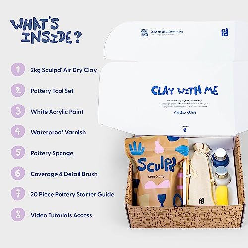 Sculpd Pottery Kit, Air-Dry Clay Starter Kit for Beginners with Gloss Varnish, Pottery Kit includes: Paint, Tool Set, Paintbrushes, Sponge and Step-by-Step Guide, Air Drying Clay Kit for Adults