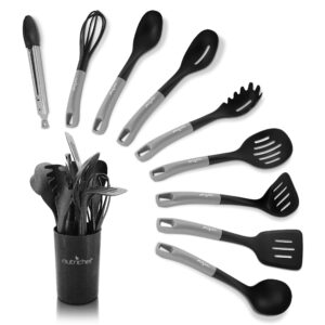 nutrichef 10 pcs. silicone heat resistant kitchen cooking utensils set-non-stick baking tools with pp holder (silver & black), 1