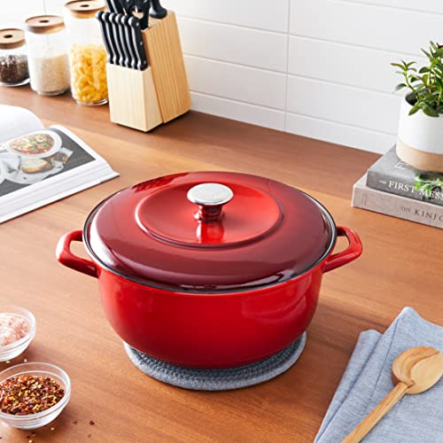 Merten & Storck European Crafted Enameled Iron, Round 7QT Dutch Oven Casserole with Lid, Lava Red