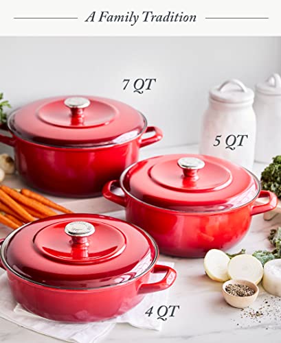 Merten & Storck European Crafted Enameled Iron, Round 7QT Dutch Oven Casserole with Lid, Lava Red