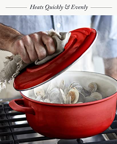 Merten & Storck European Crafted Enameled Iron, Round 7QT Dutch Oven Casserole with Lid, Lava Red