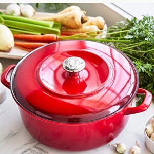 Merten & Storck European Crafted Enameled Iron, Round 7QT Dutch Oven Casserole with Lid, Lava Red