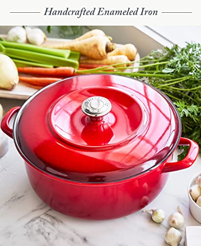 Merten & Storck European Crafted Enameled Iron, Round 7QT Dutch Oven Casserole with Lid, Lava Red