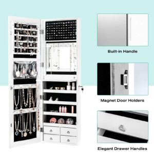 CHARMAID LED Strip Jewelry Armoire with 47.2" H Full Length Mirror, Wall/Door Mounted Jewelry Organizer with Built-in Mirror, Flip-over Cosmetic Tray, 4 Drawers, Large Storage Jewelry Cabinet (White)