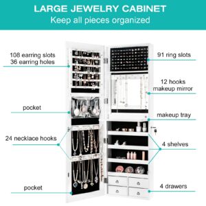 CHARMAID LED Strip Jewelry Armoire with 47.2" H Full Length Mirror, Wall/Door Mounted Jewelry Organizer with Built-in Mirror, Flip-over Cosmetic Tray, 4 Drawers, Large Storage Jewelry Cabinet (White)