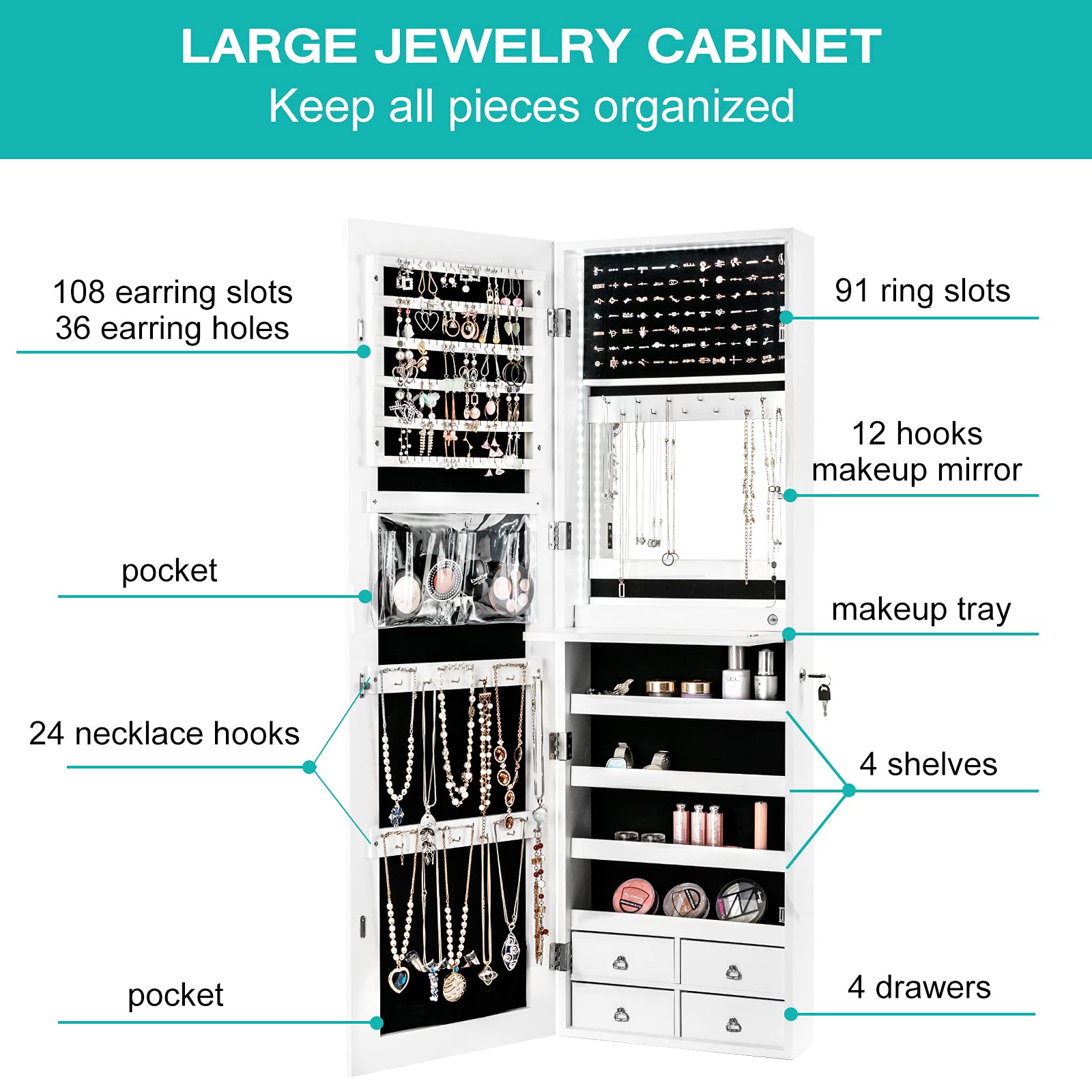 CHARMAID LED Strip Jewelry Armoire with 47.2" H Full Length Mirror, Wall/Door Mounted Jewelry Organizer with Built-in Mirror, Flip-over Cosmetic Tray, 4 Drawers, Large Storage Jewelry Cabinet (White)