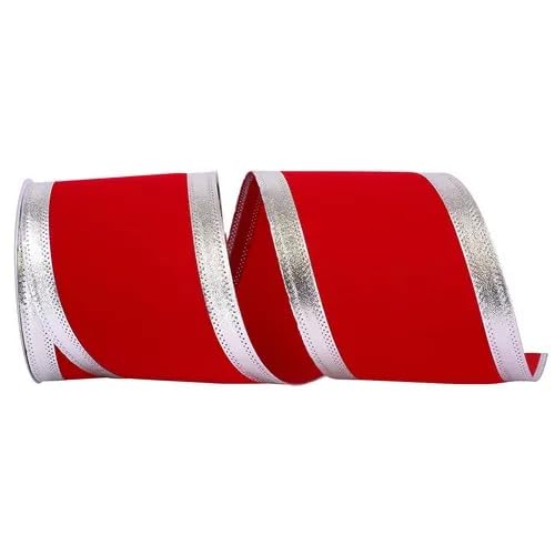 Reliant Ribbon 99800W-979-10F Velvet Dynasty Wired Edge, Red/Silver, 4 Inch, 10 Yards