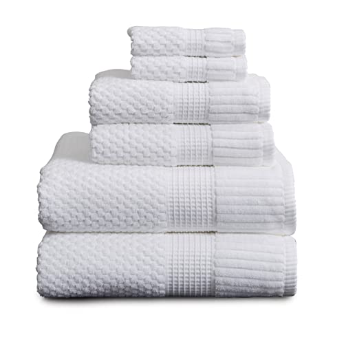 NY Loft 100% Cotton Towel Set 6 Piece Set | Super Soft & Absorbent Quick-Dry 2 Bath Towels 2 Hand Towels & 2 Washcloths |Textured and Durable Cotton | Trinity Collection (6 Piece Set, Bright White)