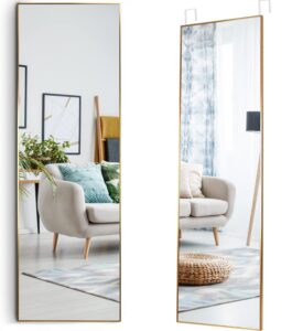 mirrotek - full length adjustable over the door mirror gold aluminum finish - hanging instant install long full body mirror for bedroom, dorm room