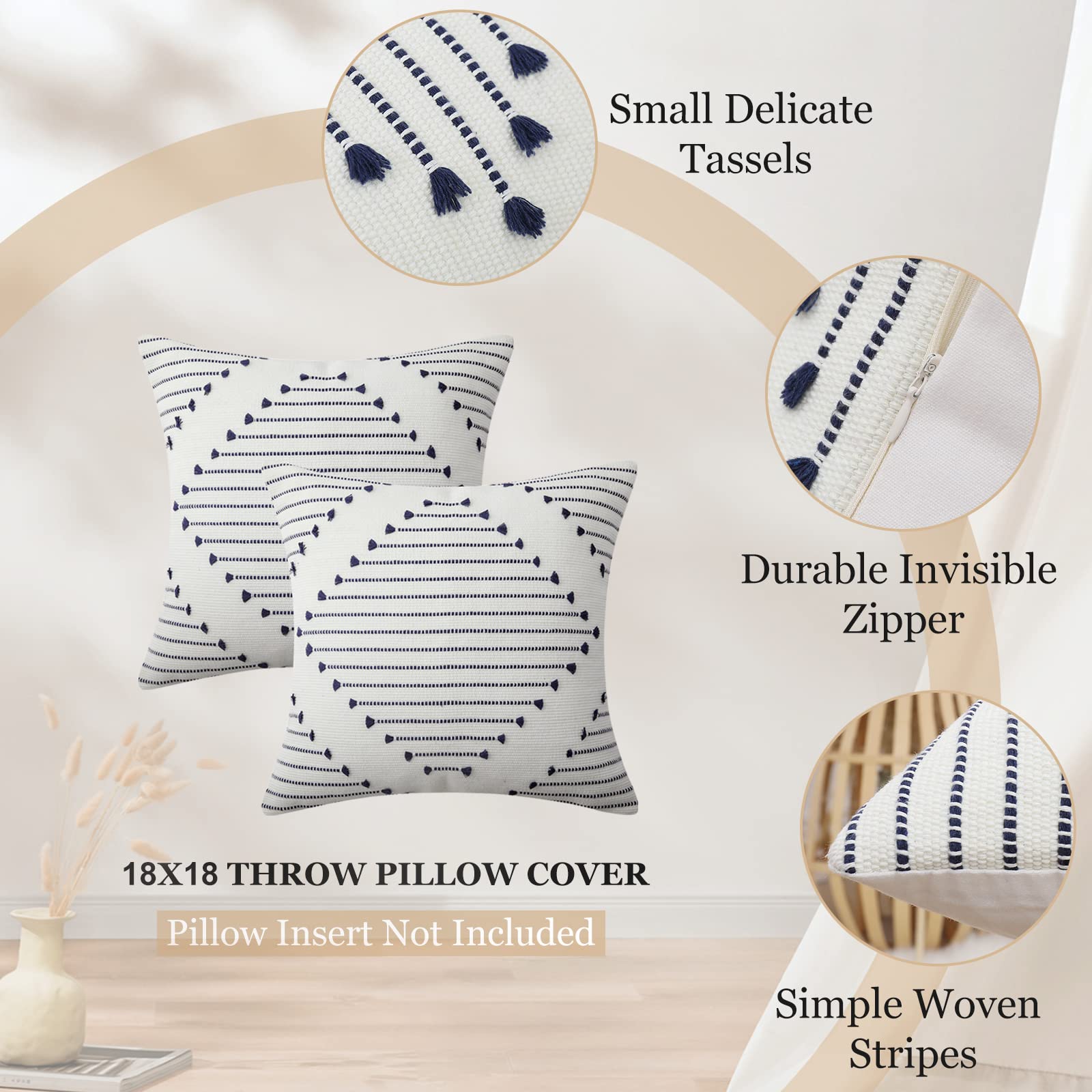 Mecatny Boho Throw Pillow Covers Navy and Cream White Pillow Covers 18X18 Set of 2 Farmhouse Decorative Pillow Covers for Couch Sofa Living Room